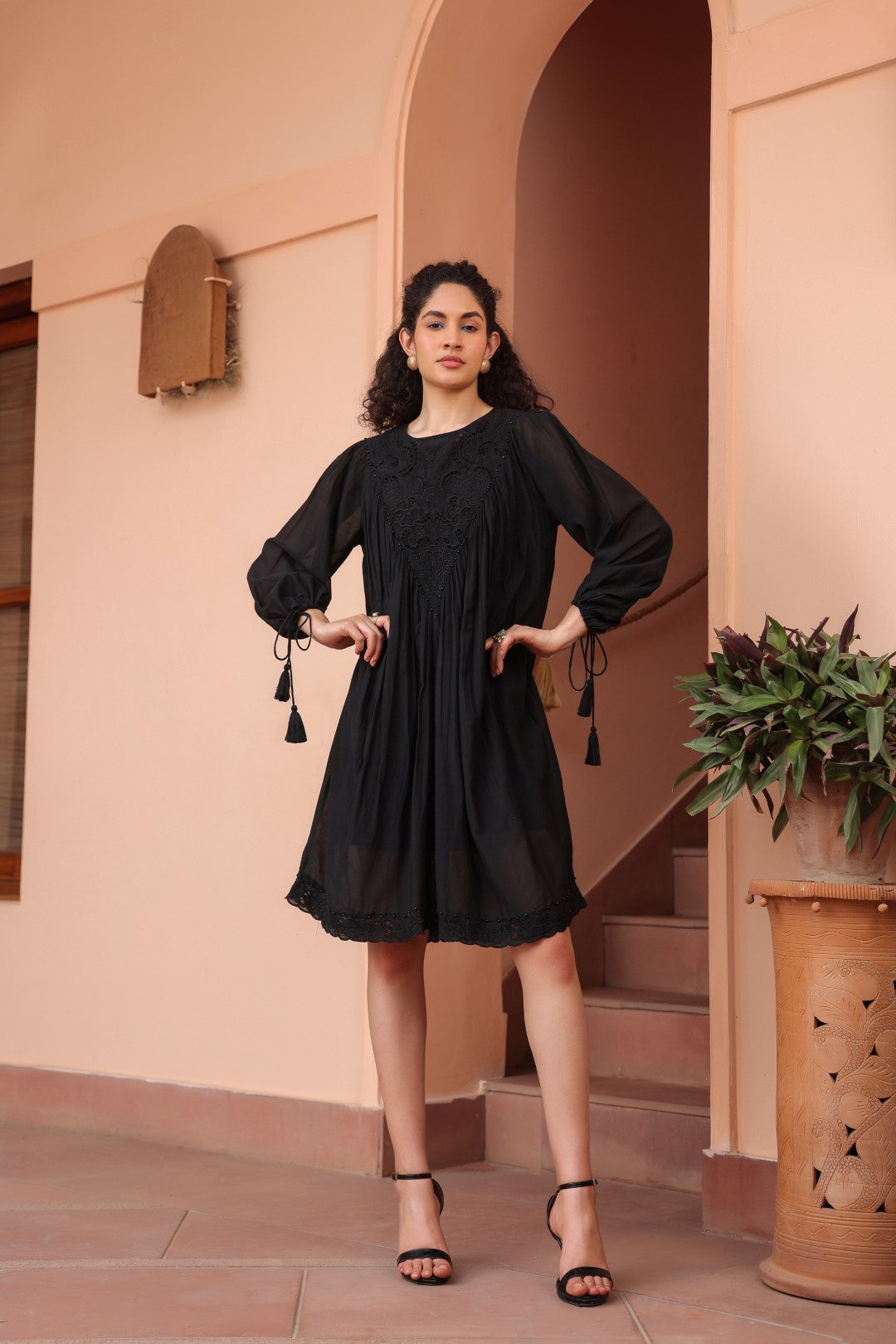 Women Black Modal Satin Embroidered Beads Word Midi Dress – Nyaro