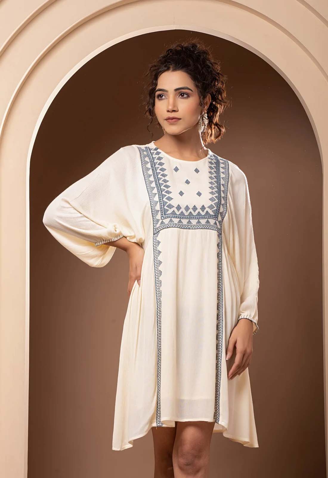 Women Rayon Grey Embroidered Asymmetric Mini Dress – Nyaro