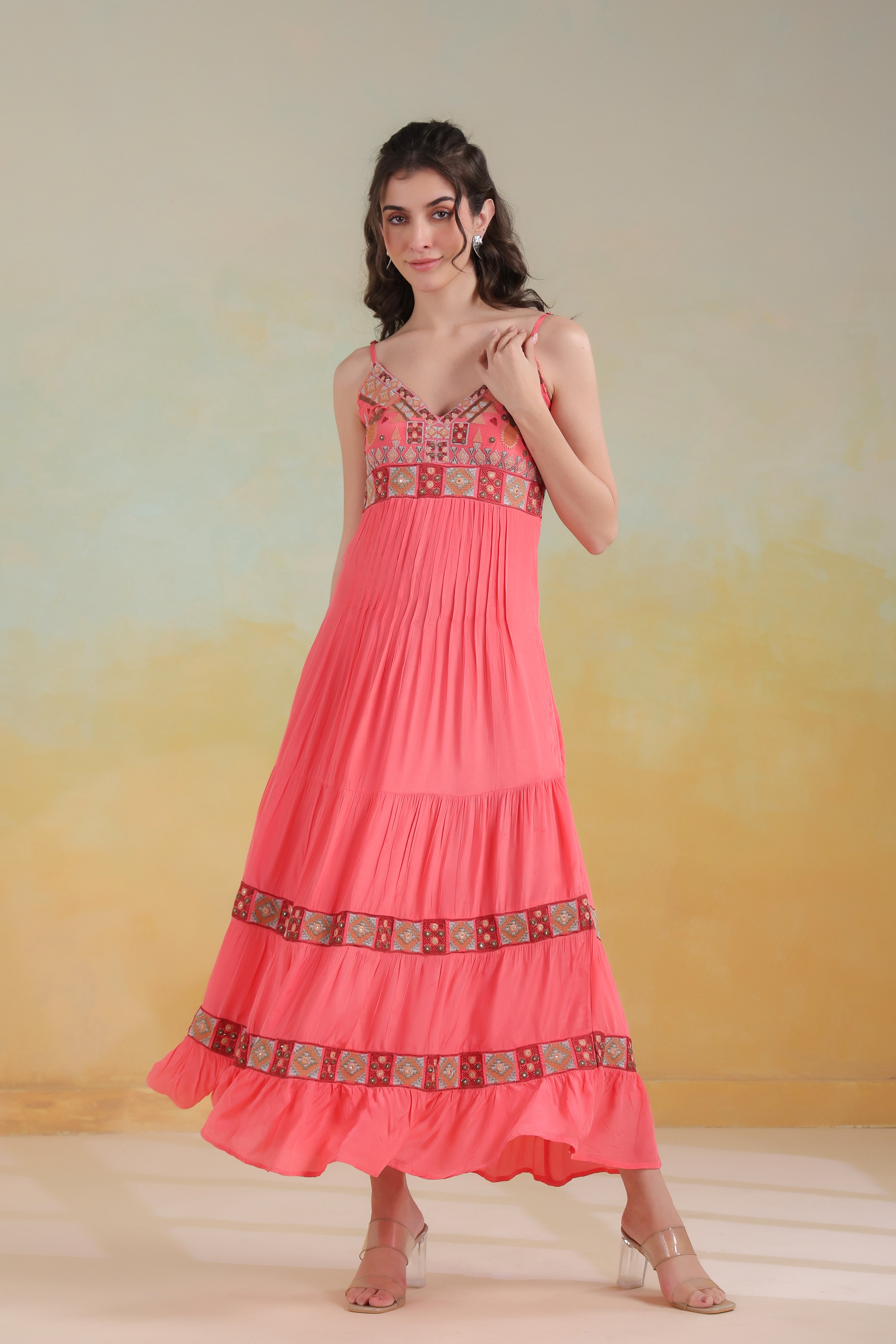 Women’s Peach Viscose Rayon Embroidered Dress – Nyaro
