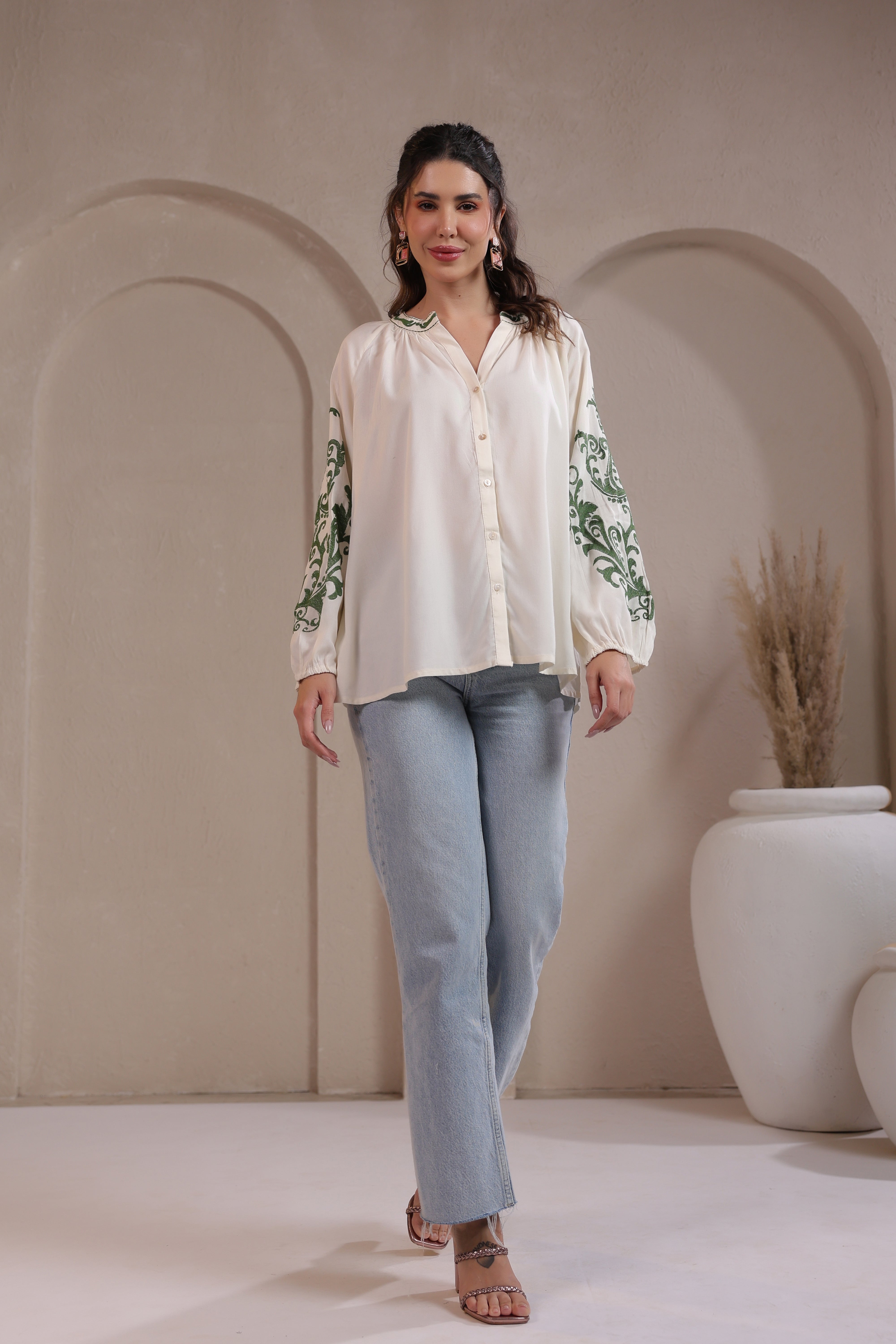 Women’s Solid Green Color Rayon Top with Embroidery – Nyaro